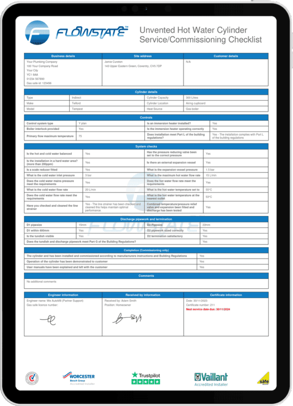 Unvented Hot Water Cylinder Form - FlowState
